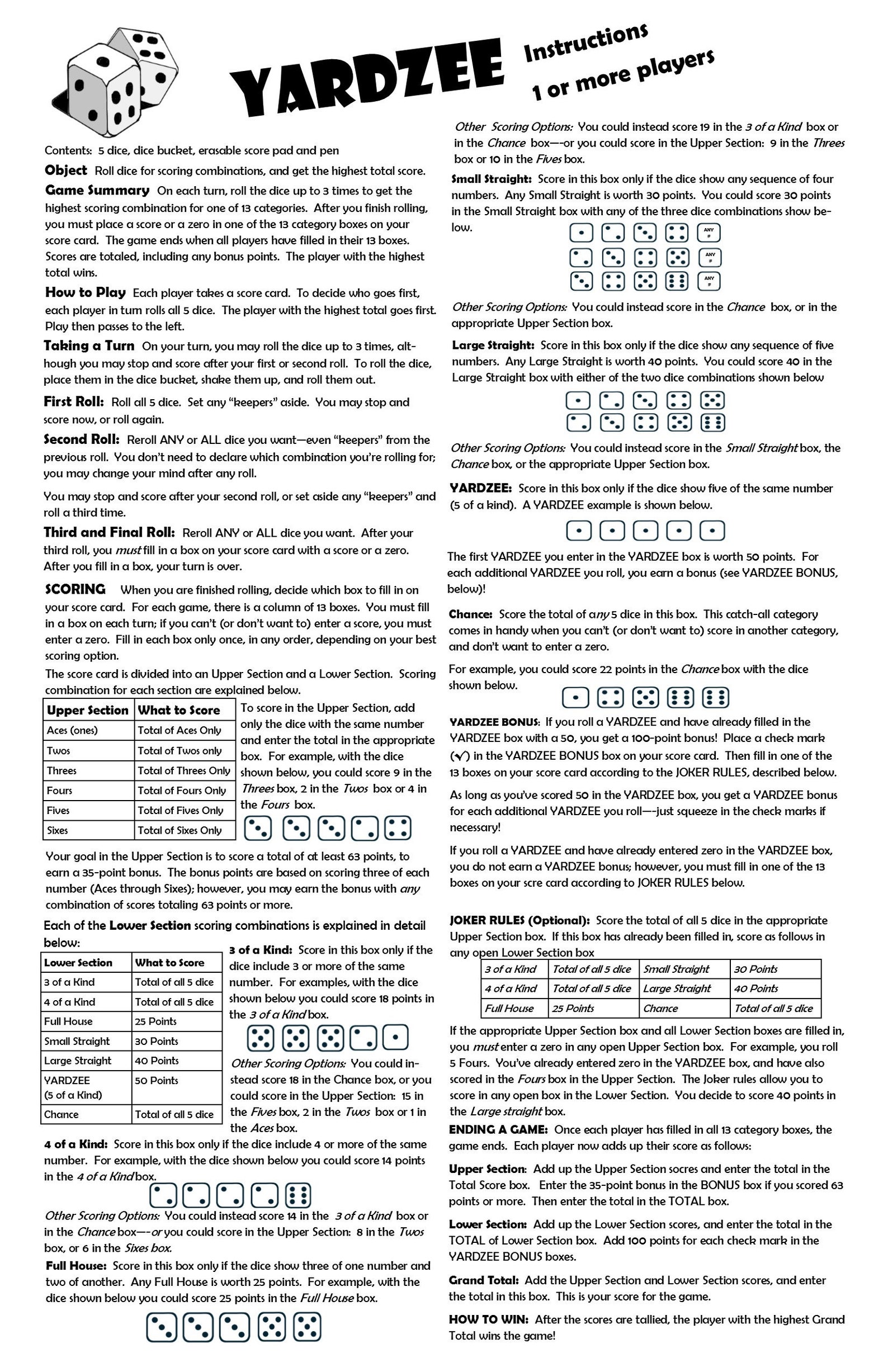 Printable Yardzee Yahtzee Laminated Score Sheet Scorecards With Rules ...