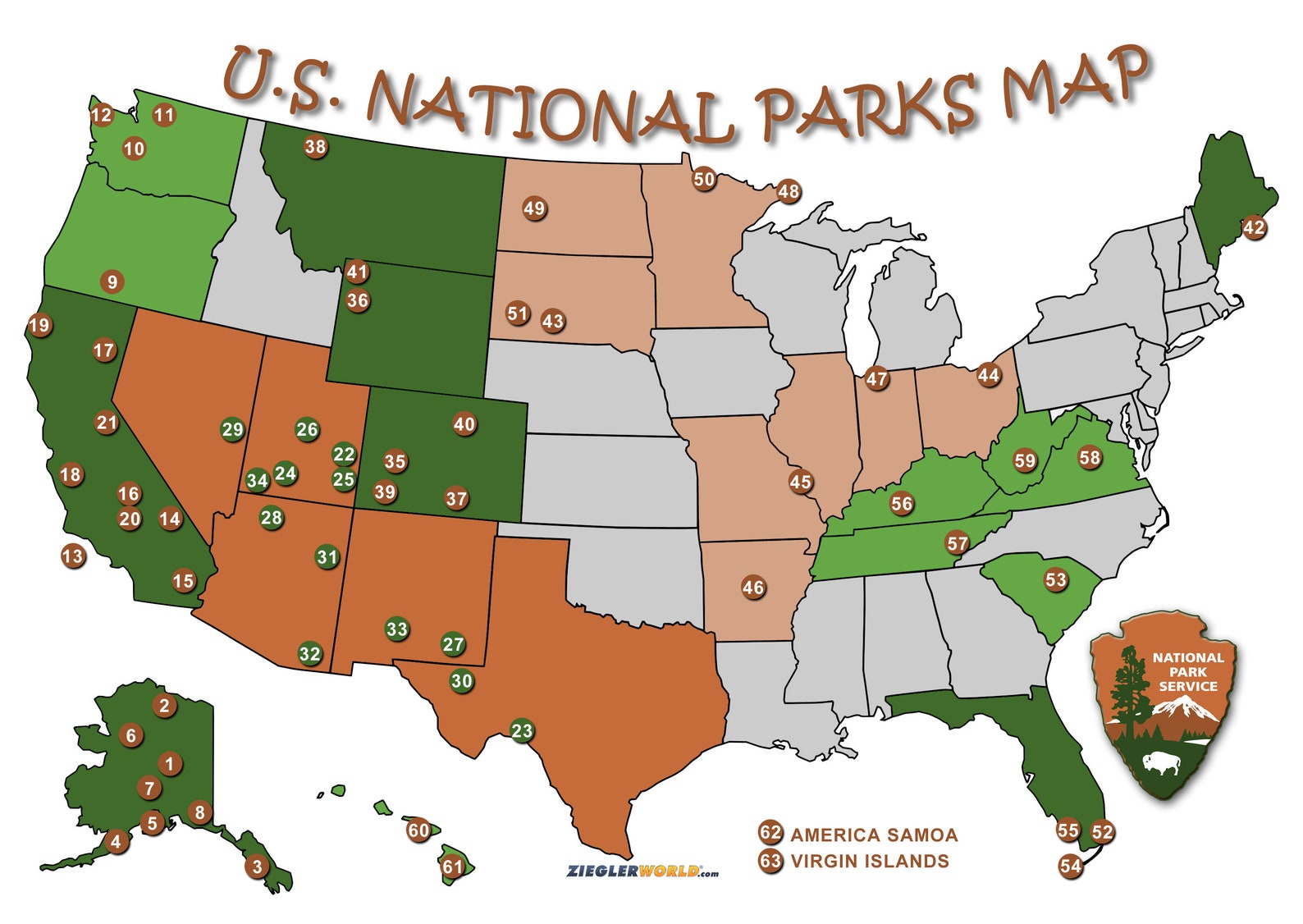 Laminated US National Parks List With Color Map - Ultimate Park ...