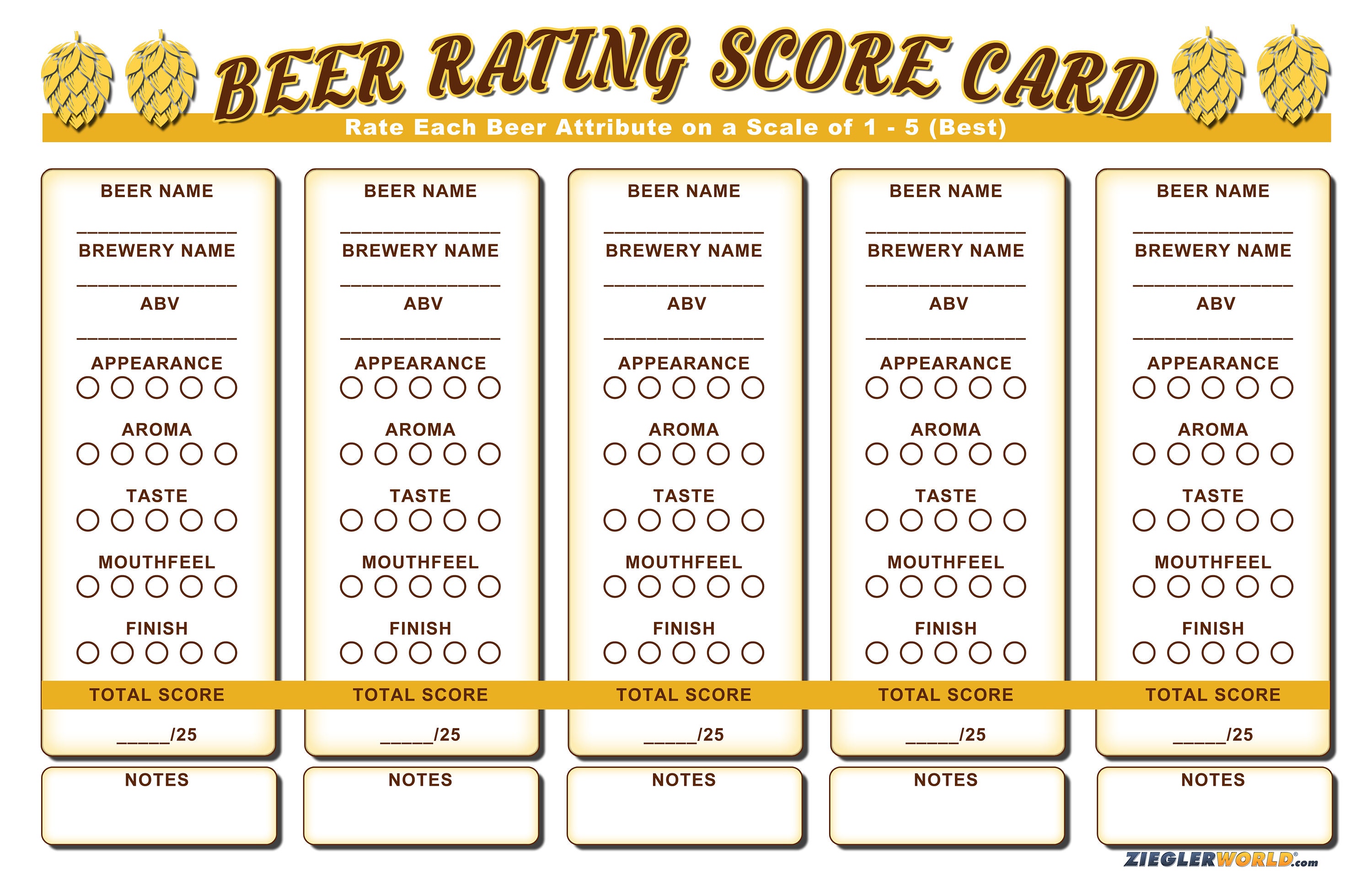 Laminated Beer Rating Tasting Score Card Sheet 4 Pack - Reusable Flight ...