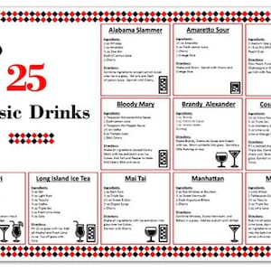 Printable Cocktail Mixed Drinks Recipe Poster Sign - 25 Drinks for Home ...