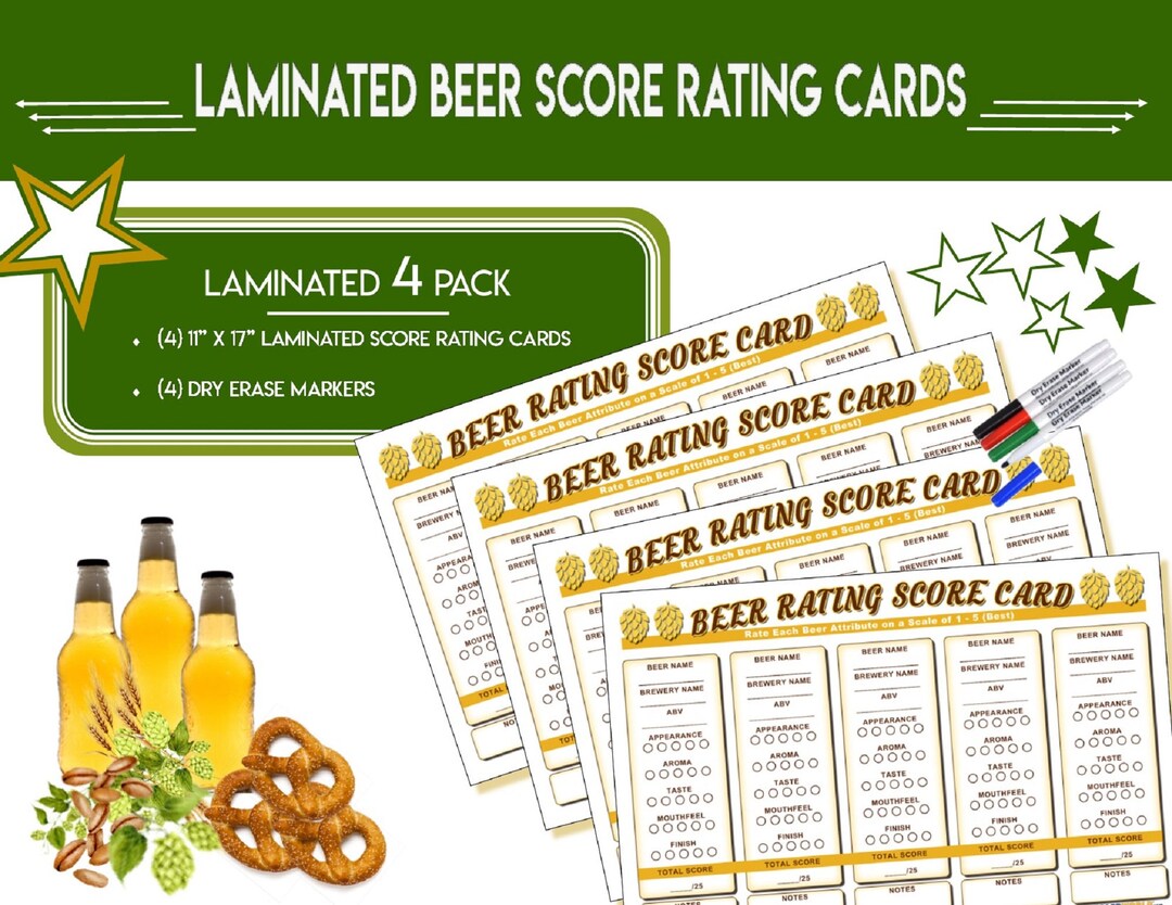 Laminated Beer Rating Tasting Score Card Sheet 4 Pack - Reusable Flight ...