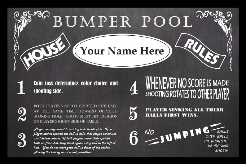 Personalized Vintage Chalkboard Looking Bumper Pool Table Rules Poster ...