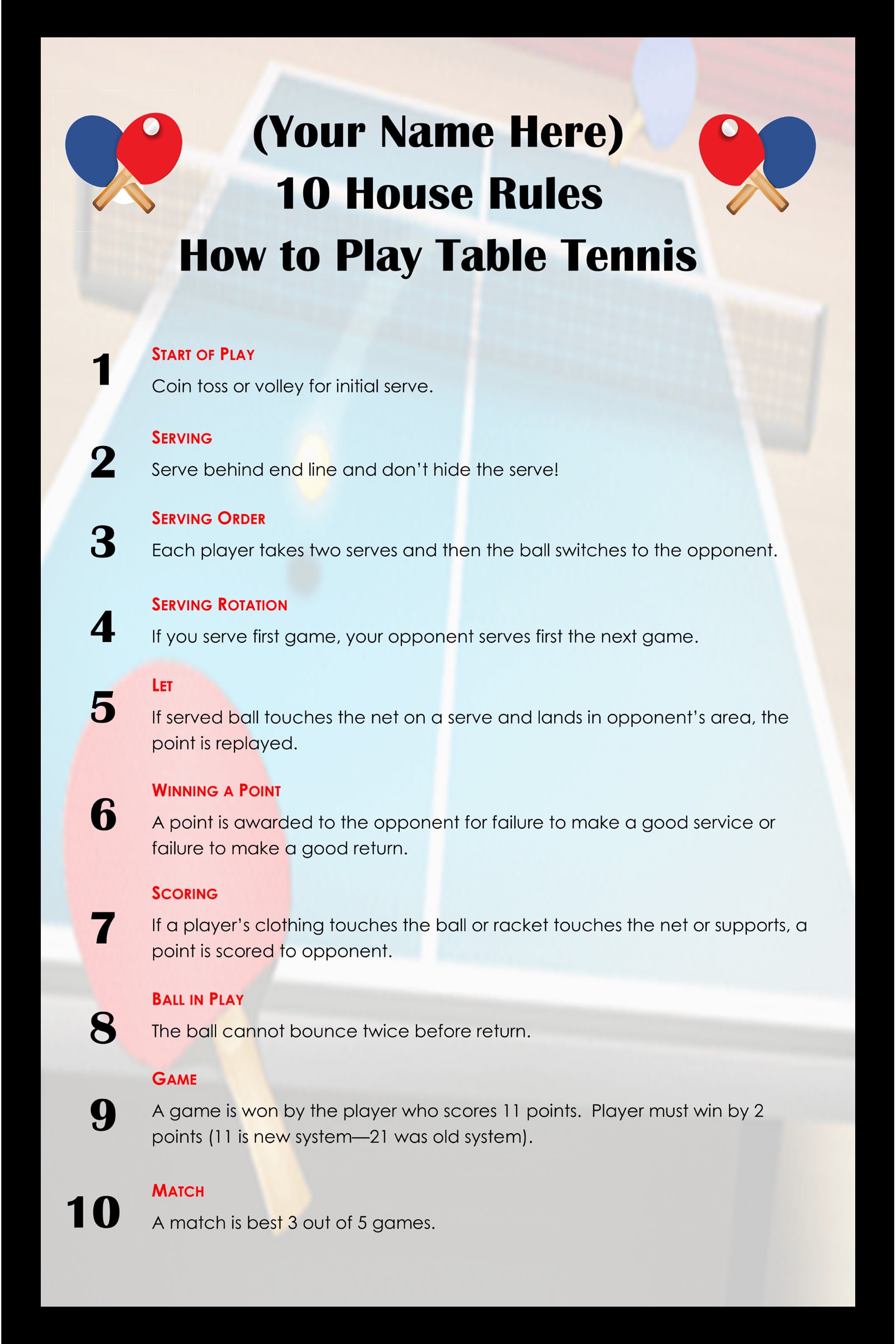 Personalized Table Tennis 10 House Rules Custom Art Poster Personalized