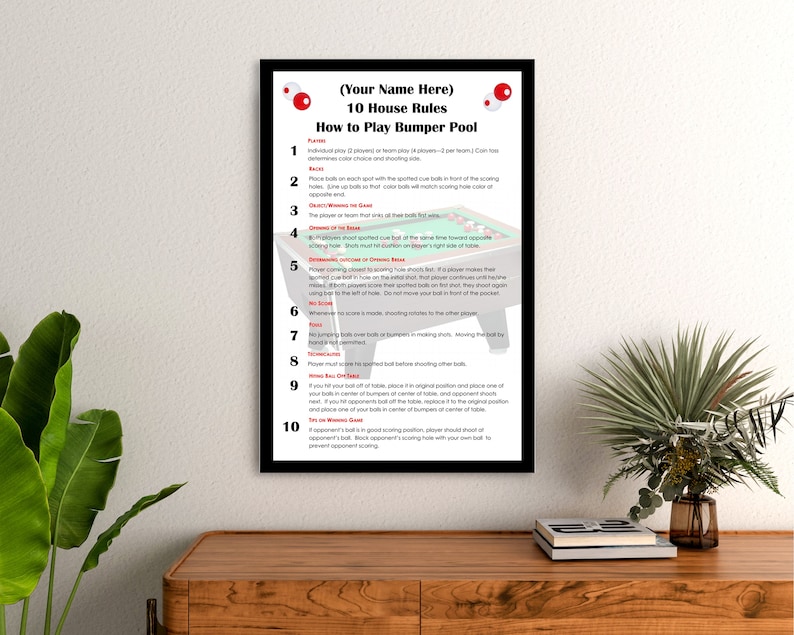 Personalized Bumper Pool 10 House Rules Custom Art Poster ...