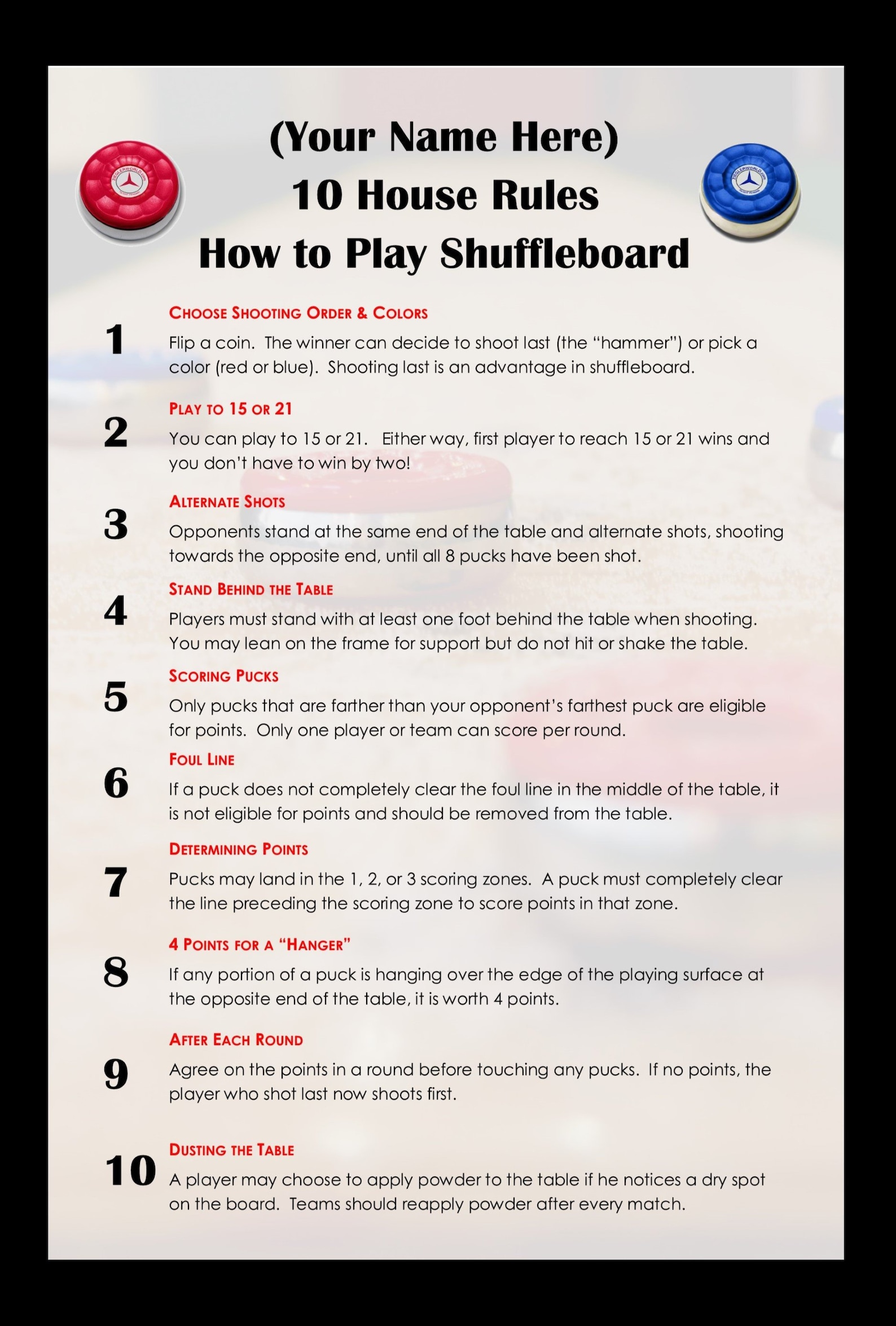 Personalized Table Shuffleboard 10 House Rules Custom Art Poster ...