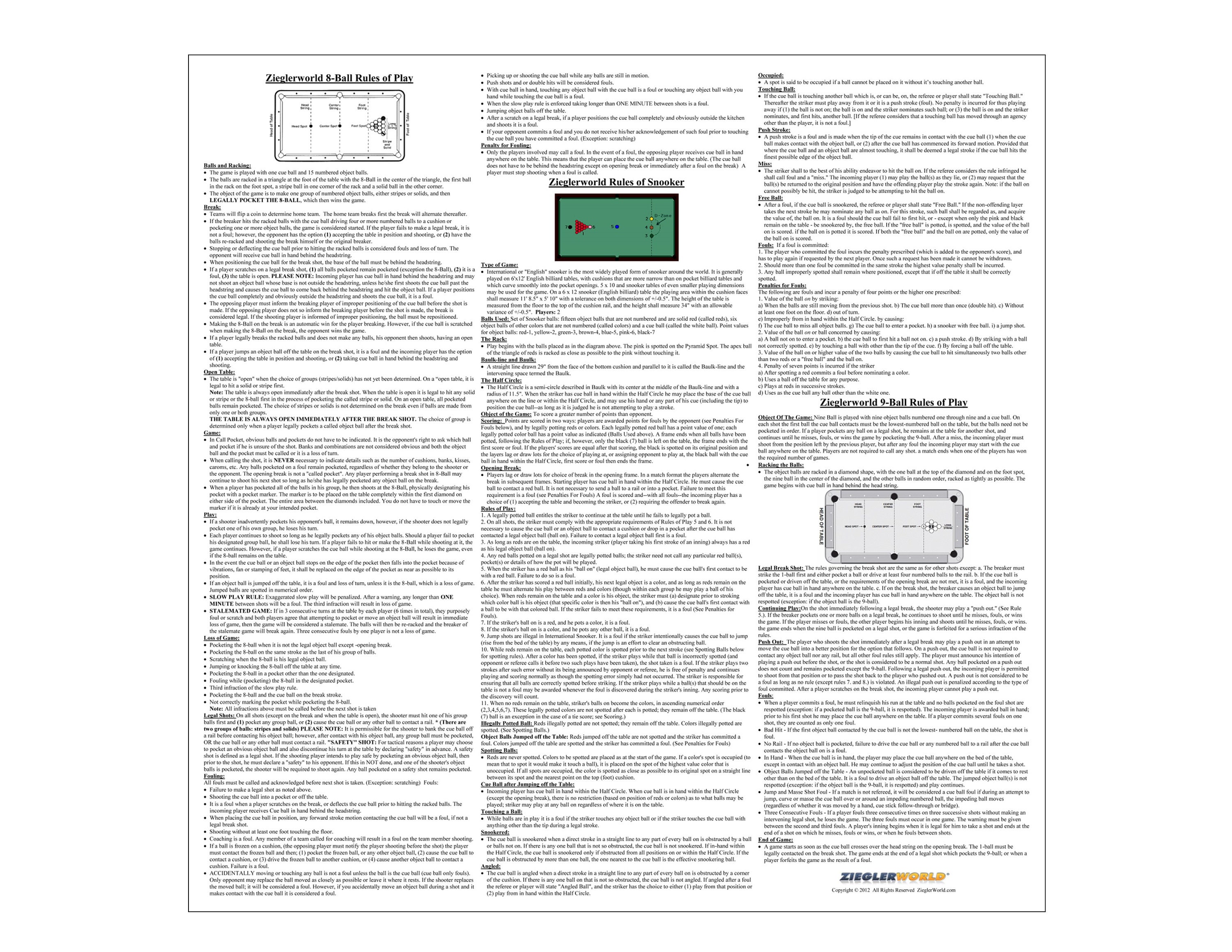 Laminated Billiard 8 Ball 9 Ball Snooker Rules & Regulations Poster ...