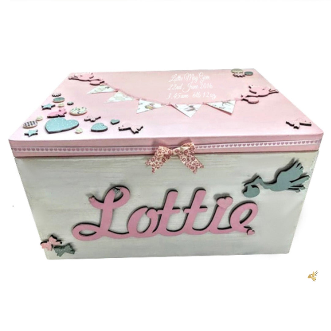 Personalised Pink Baby Memory Box With Wooden Shapes and Flag Bunting ...