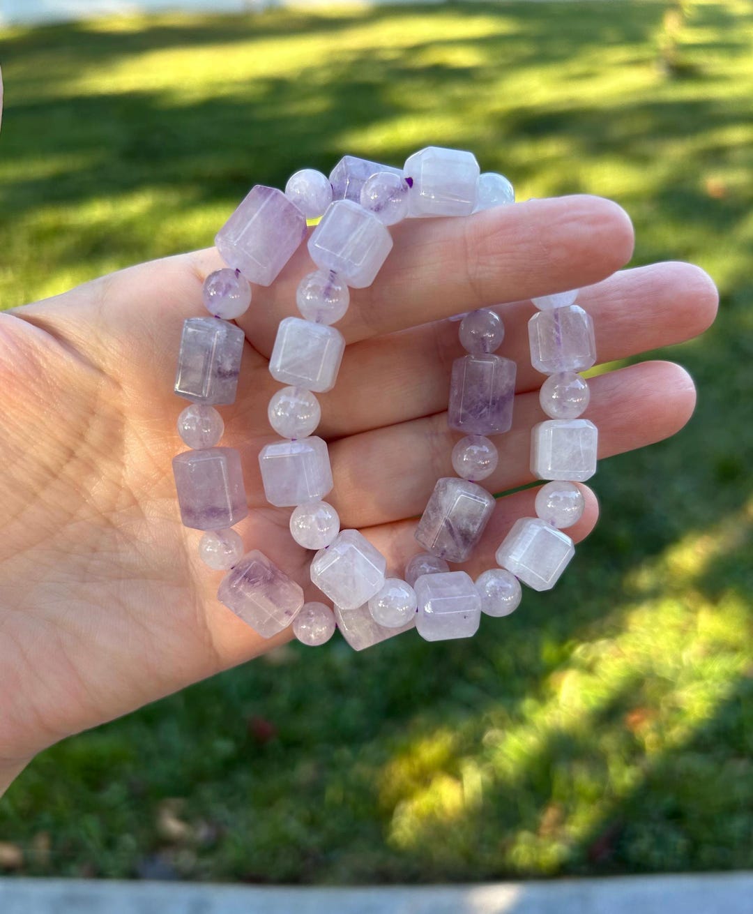 Lavender Amethyst Crystal Beaded Bracelet: Barrel or Cube - Purple ...