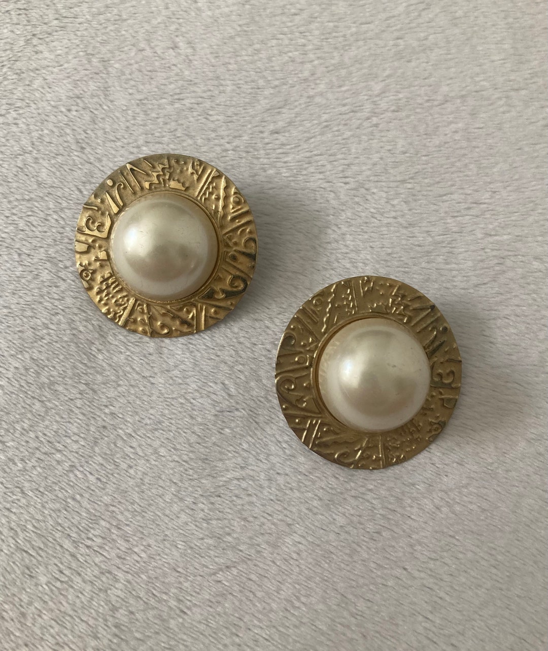 Vintage 80s Gold-toned Art Deco Pearl Earrings - Etsy