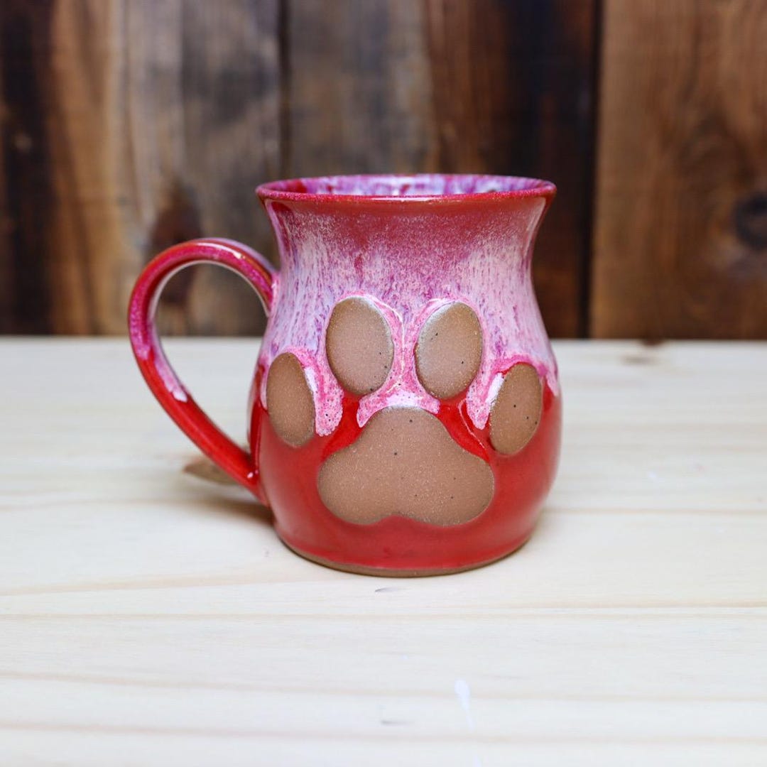Paw Print Mug, Red and Pink Drippy Paw Mug, Handmade Pottery Gift for ...