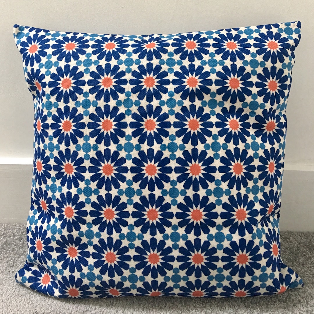 Blue and Coral Pink Moroccan Tiles Cushion Cover 22 X 22 55 X 55cm - Etsy