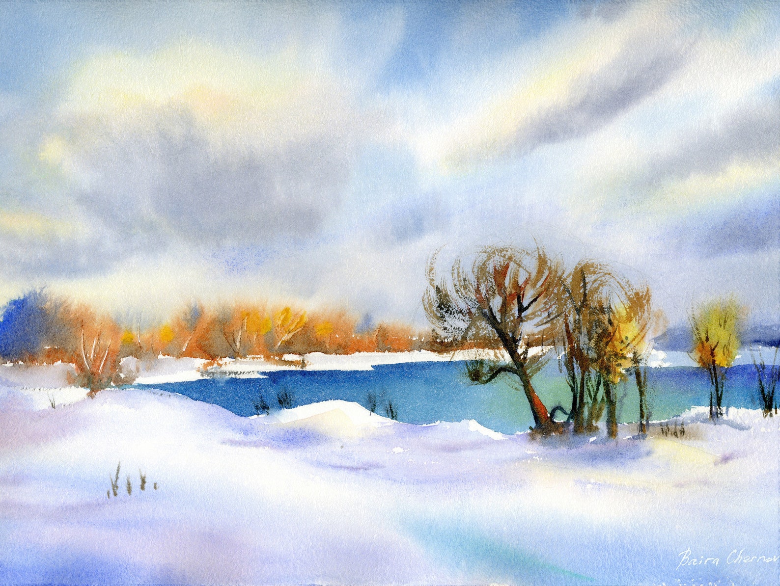 Winter Landscape "winter Lake" 9x12 Watercolor on Paper - Etsy