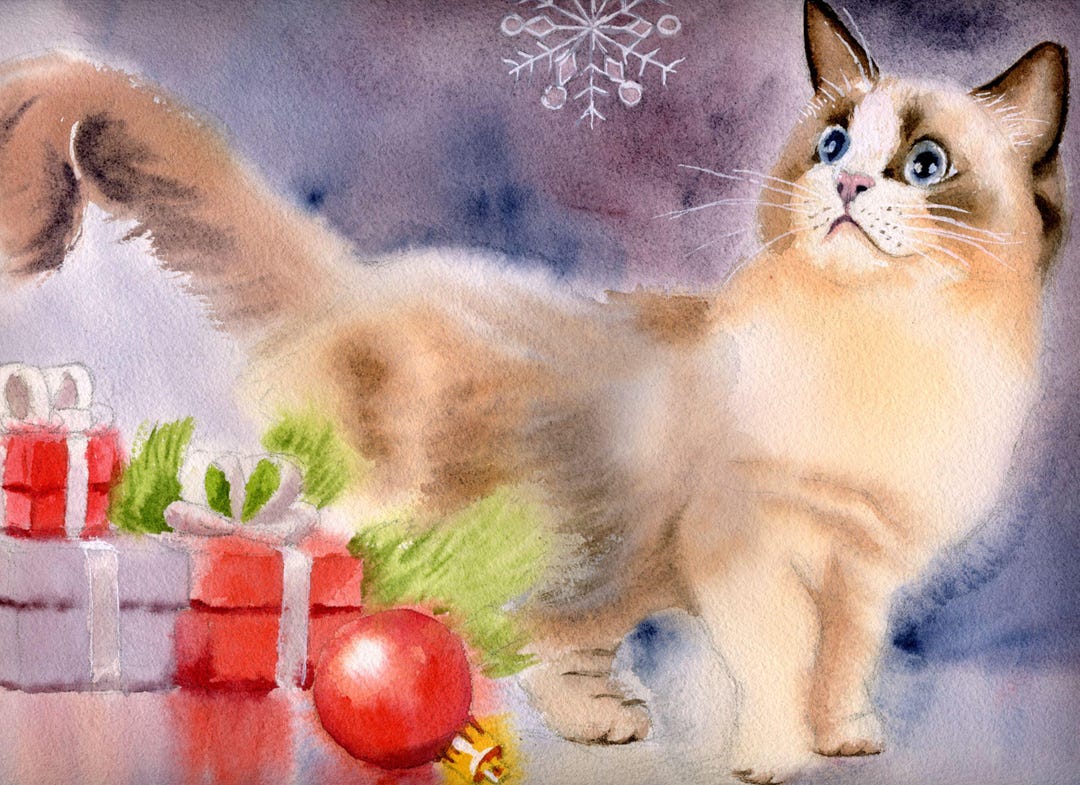 Winter Holidays Cat Watercolor Painting on Paper Wall Art Home Decor ...