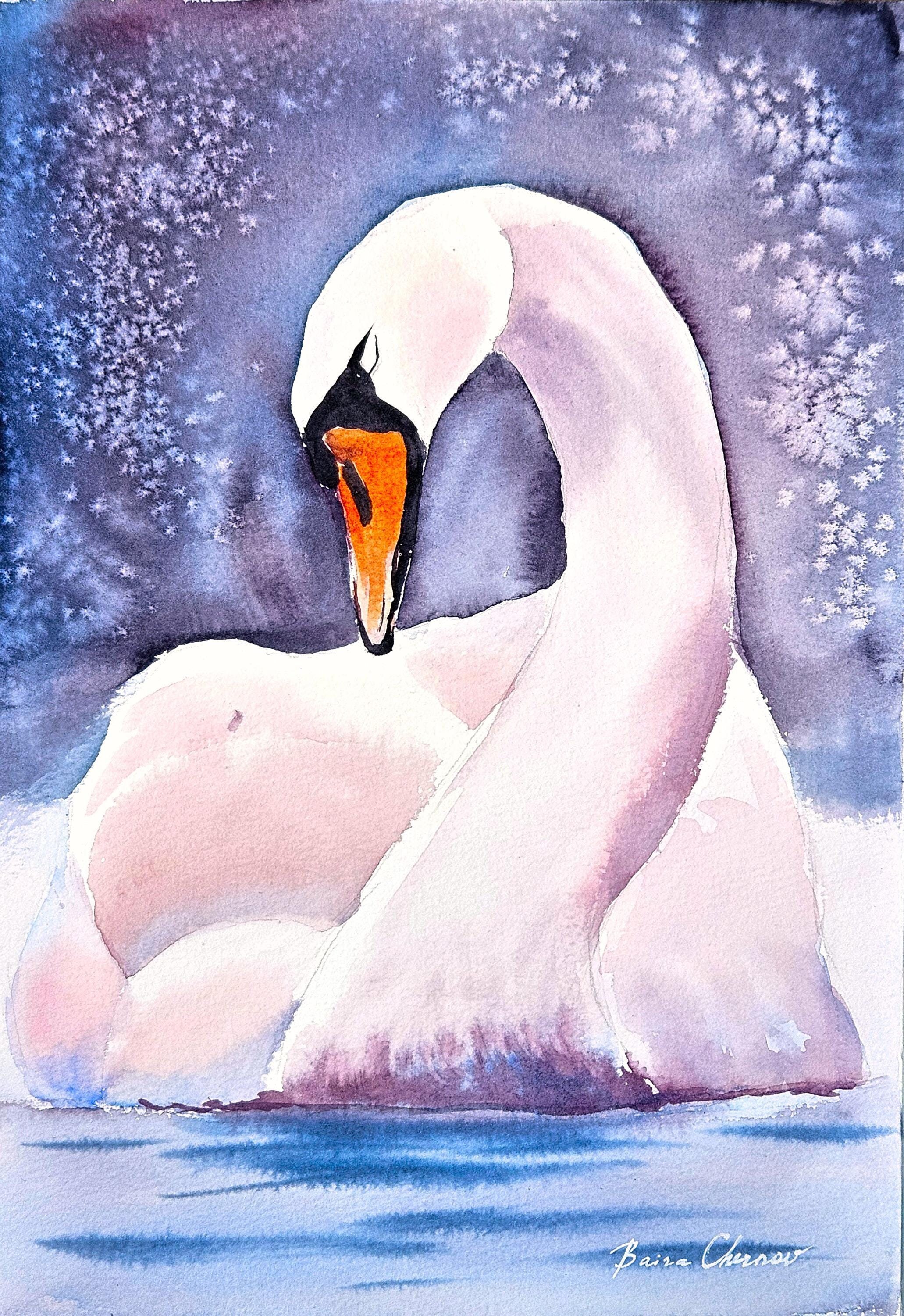 Swan Watercolor Painting on Paper Bird Art 10x7" - Etsy