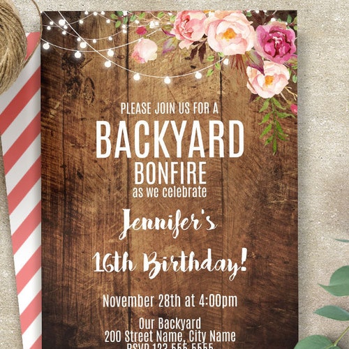 Backyard Invitation Wood Lights Flowers Rustic Invite - Etsy