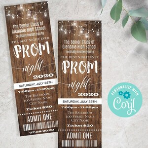 Rustic Prom Ticket Invitation, Self-editable Template, Instant Download ...