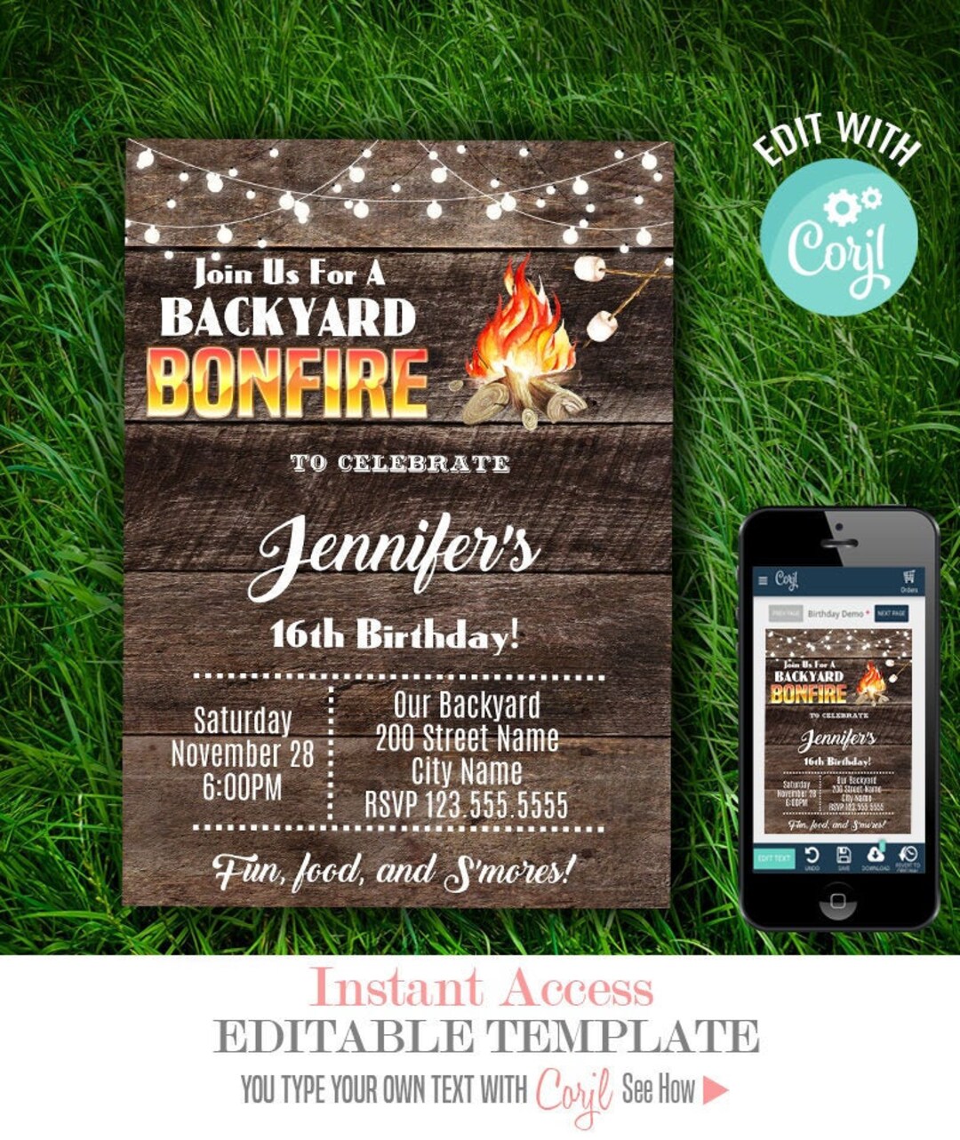 Bonfire Party Invitation, Printable Birthday Invite, Instant Download ...