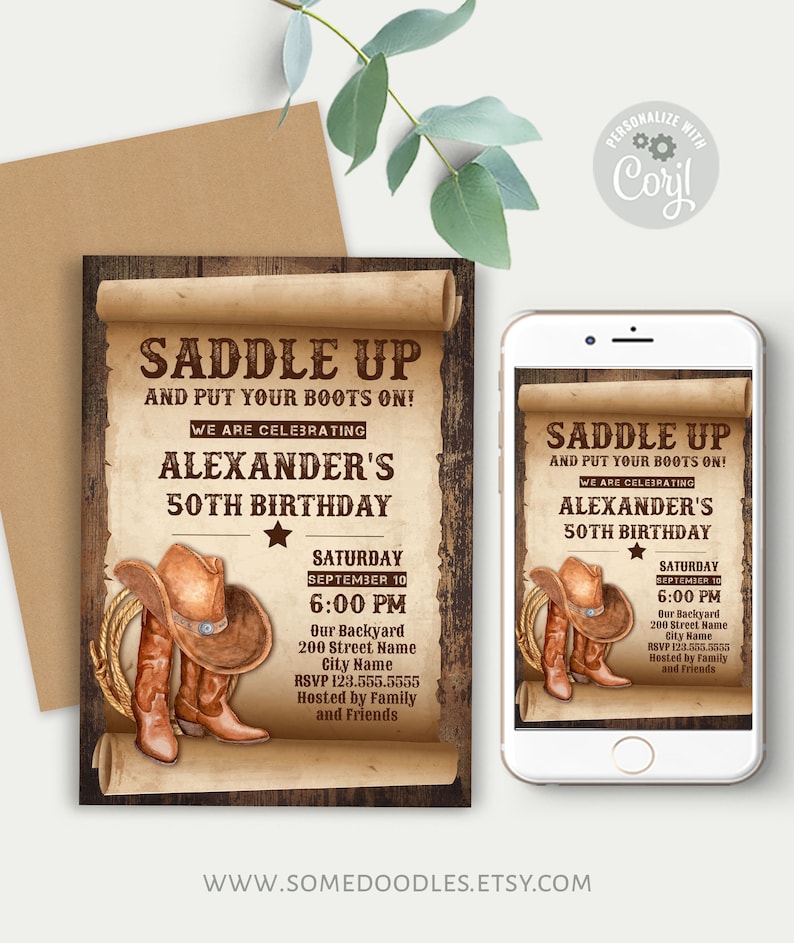 Country Western Invitation Rustic Wood Cowboy Hat and - Etsy