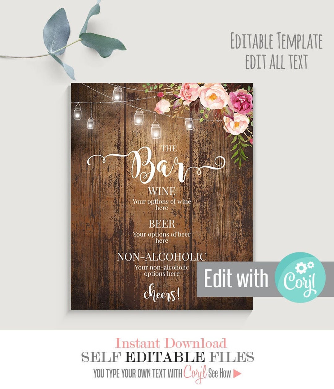 Rustic Bar Sign, Editable Template, Printable Digital File JPG and PDF ...