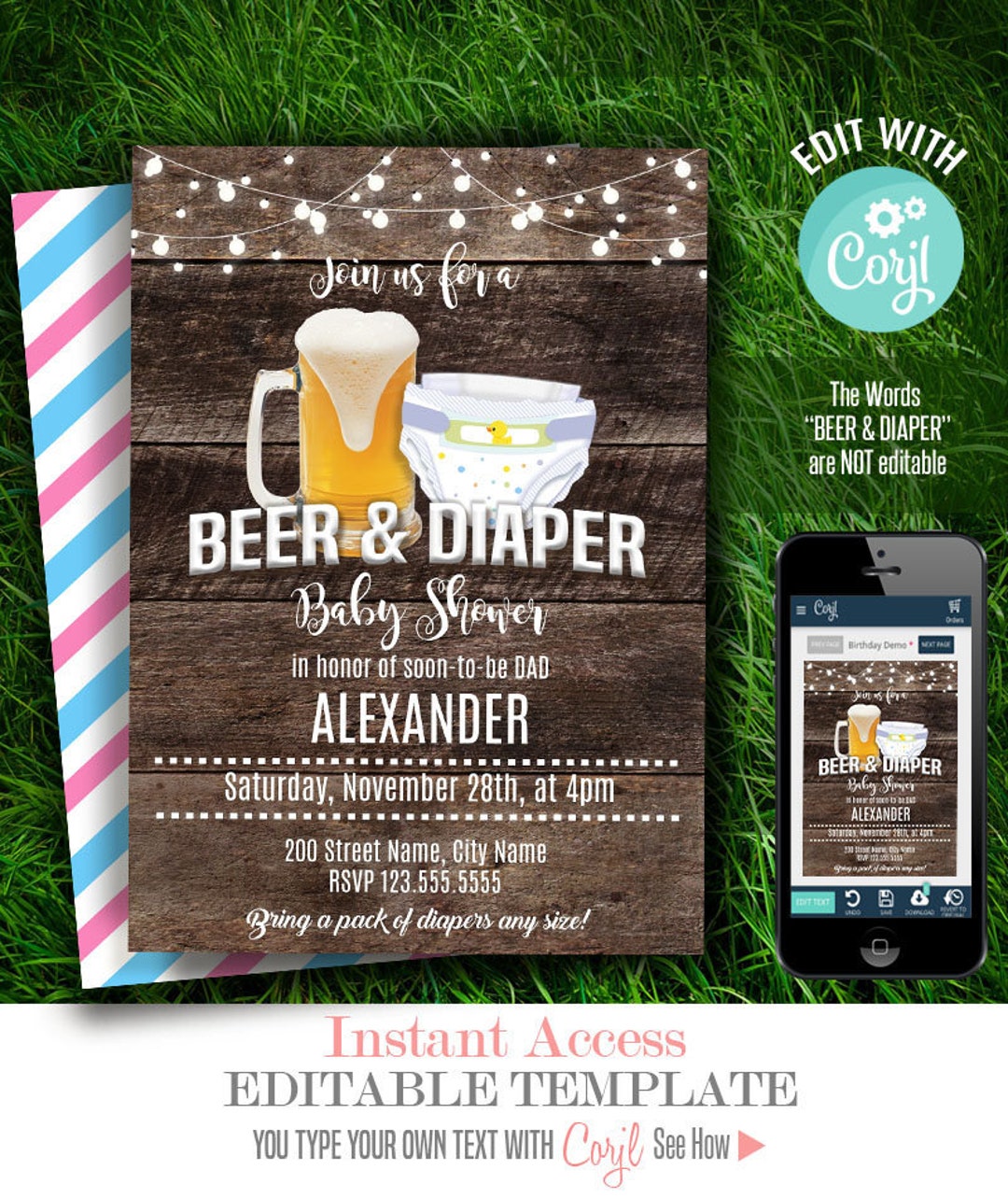Beer & Diaper Baby Shower Invitation: Editable Template (instant ...