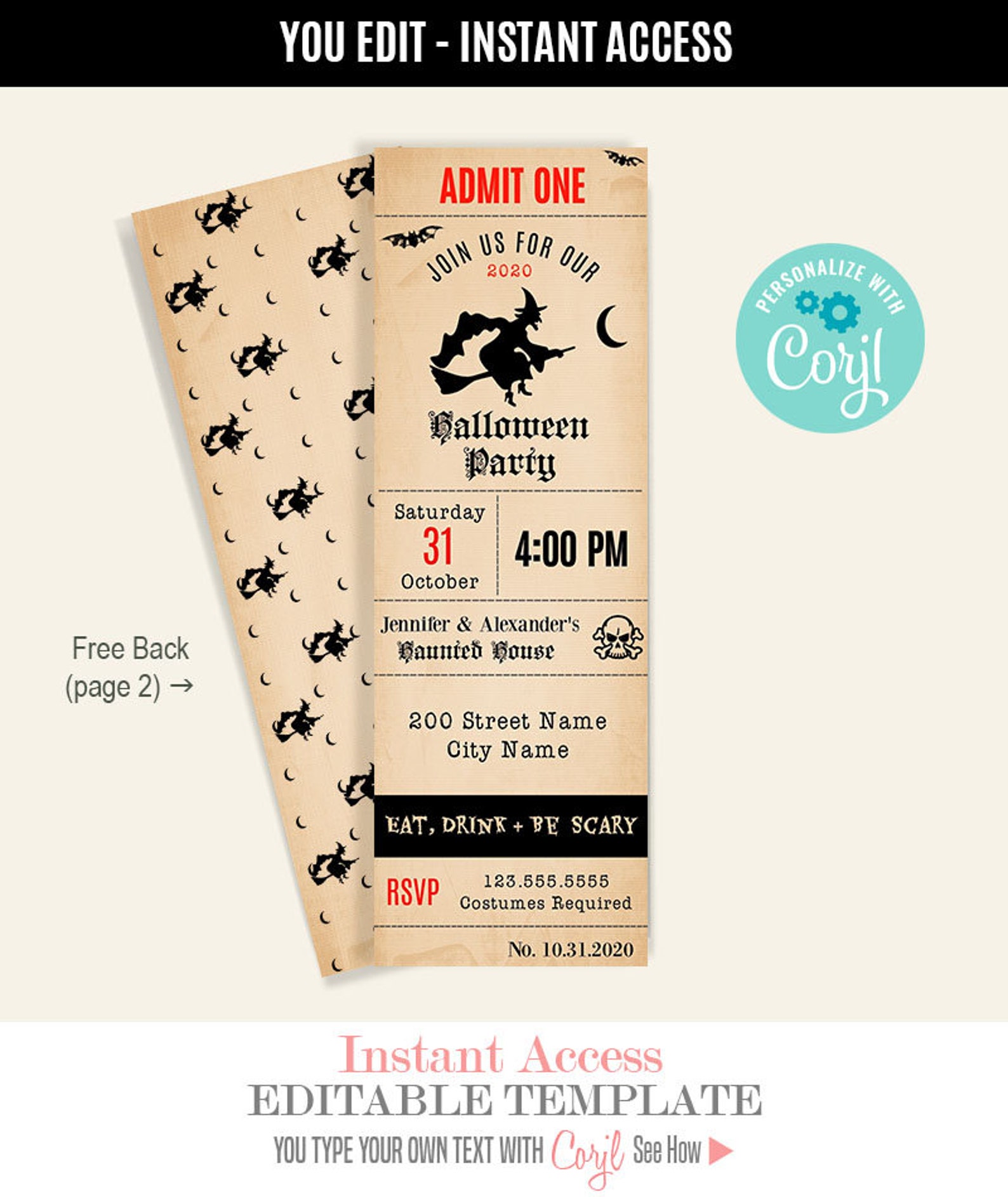 Halloween Party Ticket Invitation, Instant Download Self-editable ...