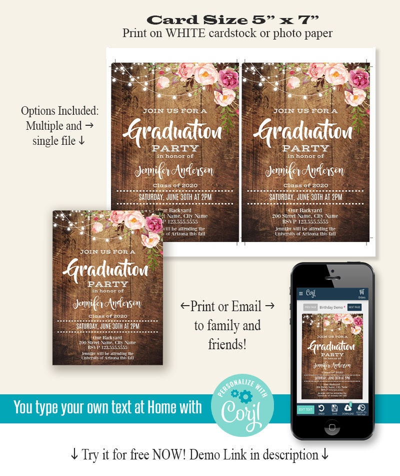 Floral Graduation Invitation Printable Rustic Wood Lights | Etsy