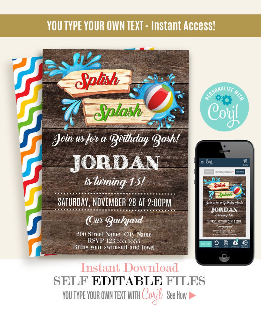 Splish, Splash Birthday Party Invitation, Instant Download Printable ...