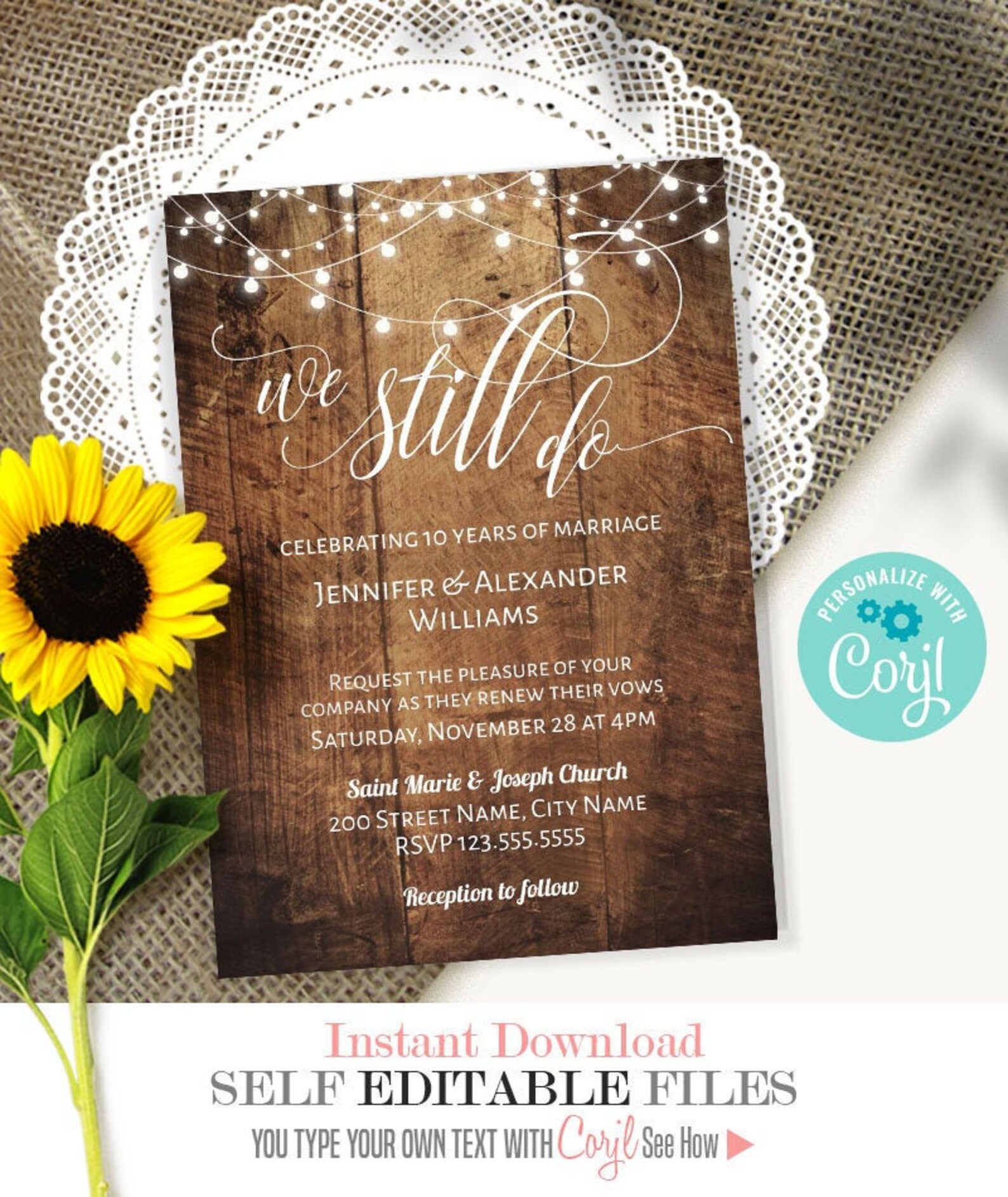 Rustic Vow Renewal Invitation, Wedding Anniversary Invite, Printable ...