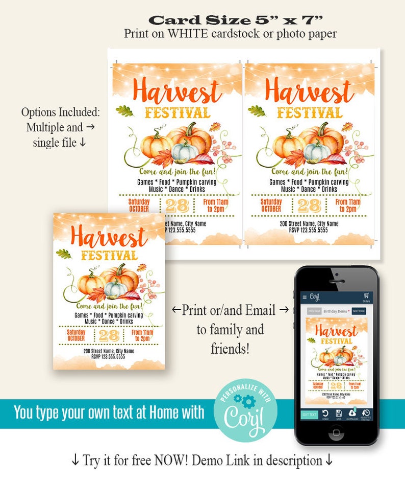 Harvest Festival Invitation, Self-editable Template, Instant Download ...