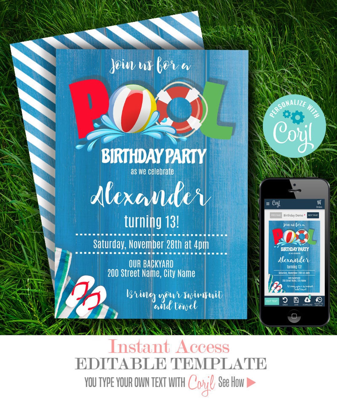 Pool Birthday Party Invitation, Instant Download Self-editable Template ...