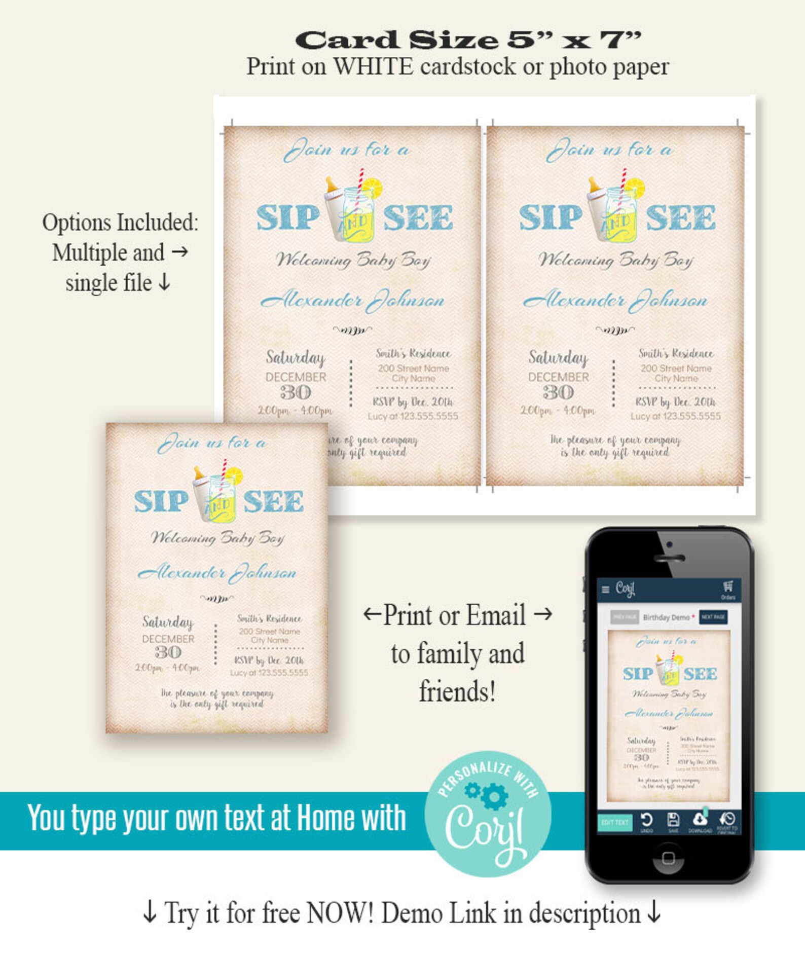 Sip and See Invitation Printable Self-editable Template | Etsy