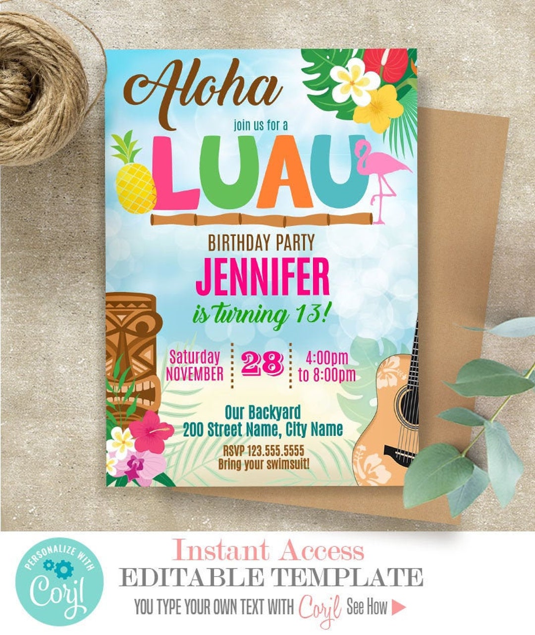 Luau Birthday Party Invitation, Editable Template, Printable, Instant ...