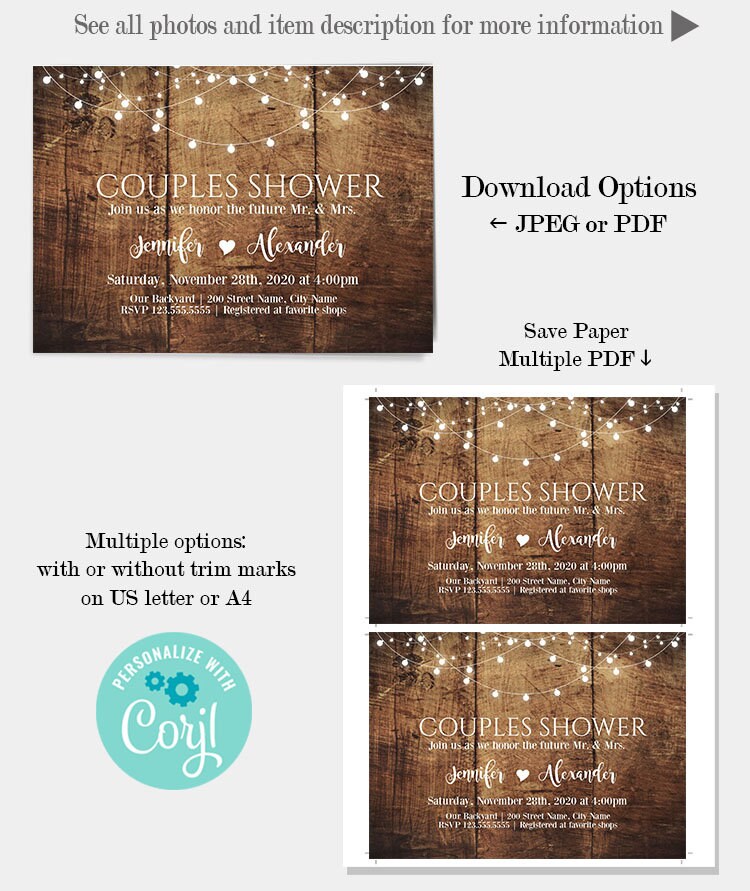 Rustic Couples Shower Invitation Printable Wedding Templates | Etsy
