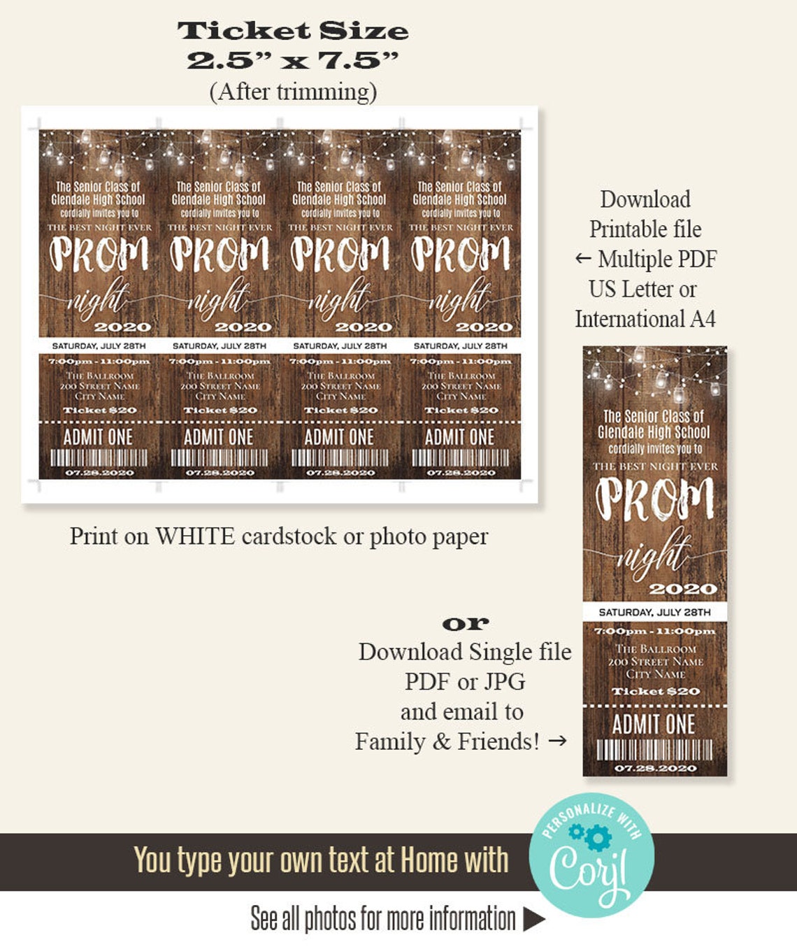 Rustic Prom Ticket Invitation Self-editable Template Instant | Etsy