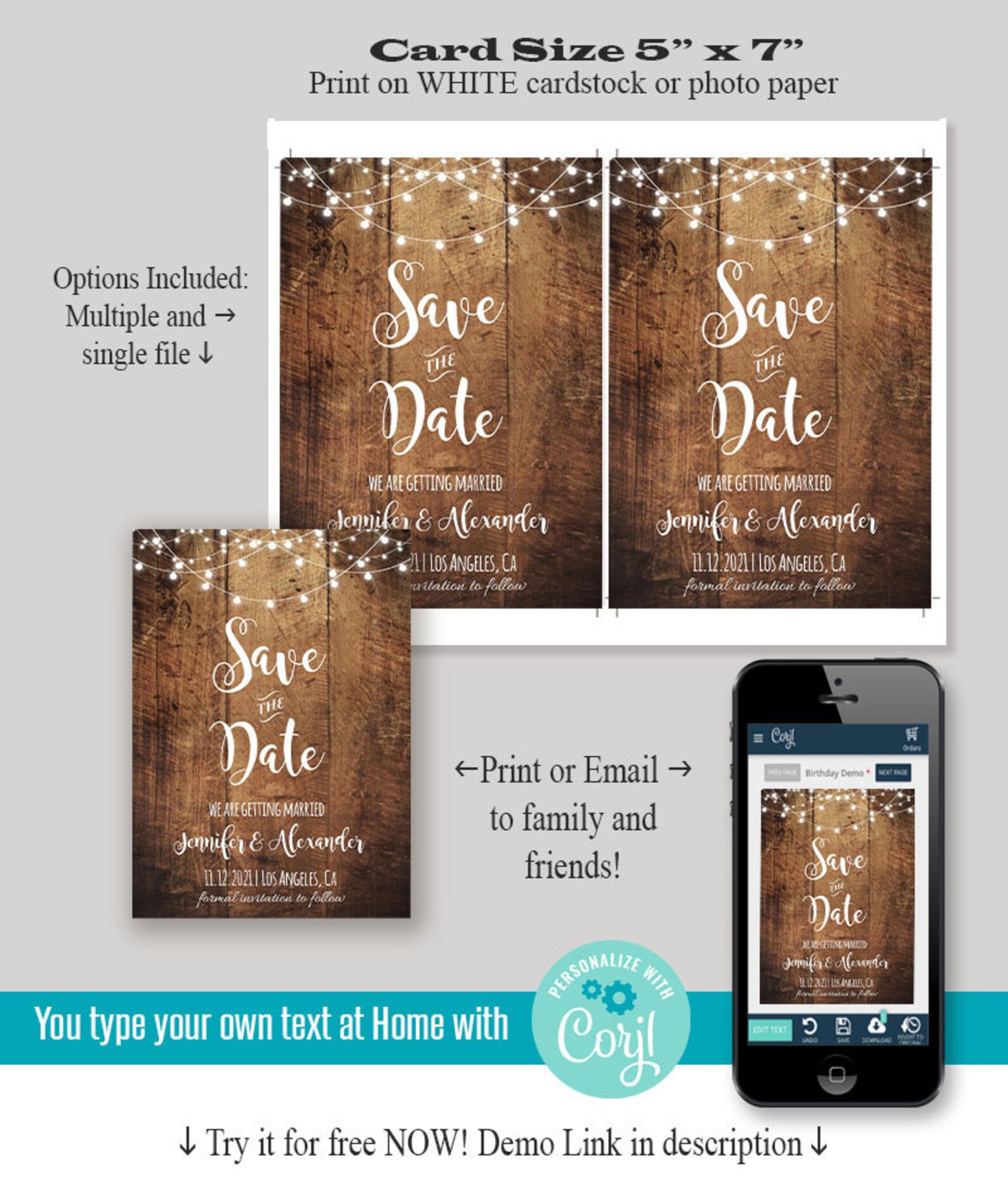 Rustic Save the Date Card, Printable Editable Template, Instant ...