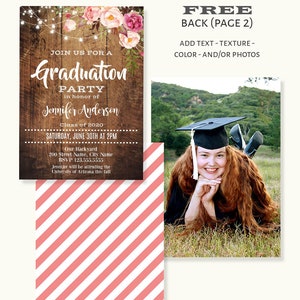 Floral Graduation Invitation, Printable Rustic Wood, Lights and Flowers ...