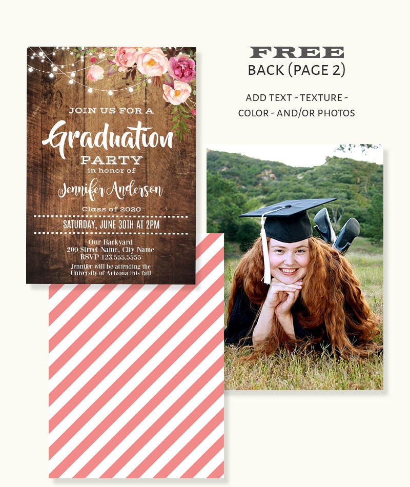 Floral Graduation Invitation Printable Rustic Wood Lights | Etsy
