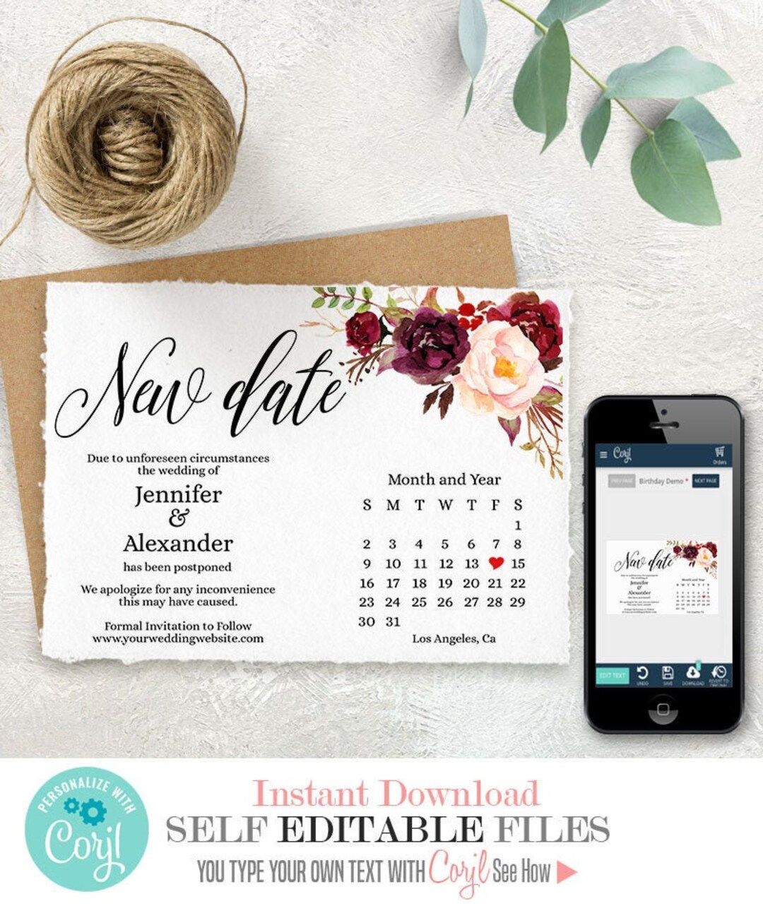New Date Wedding Announcement, Printable Editable Template, Instant ...