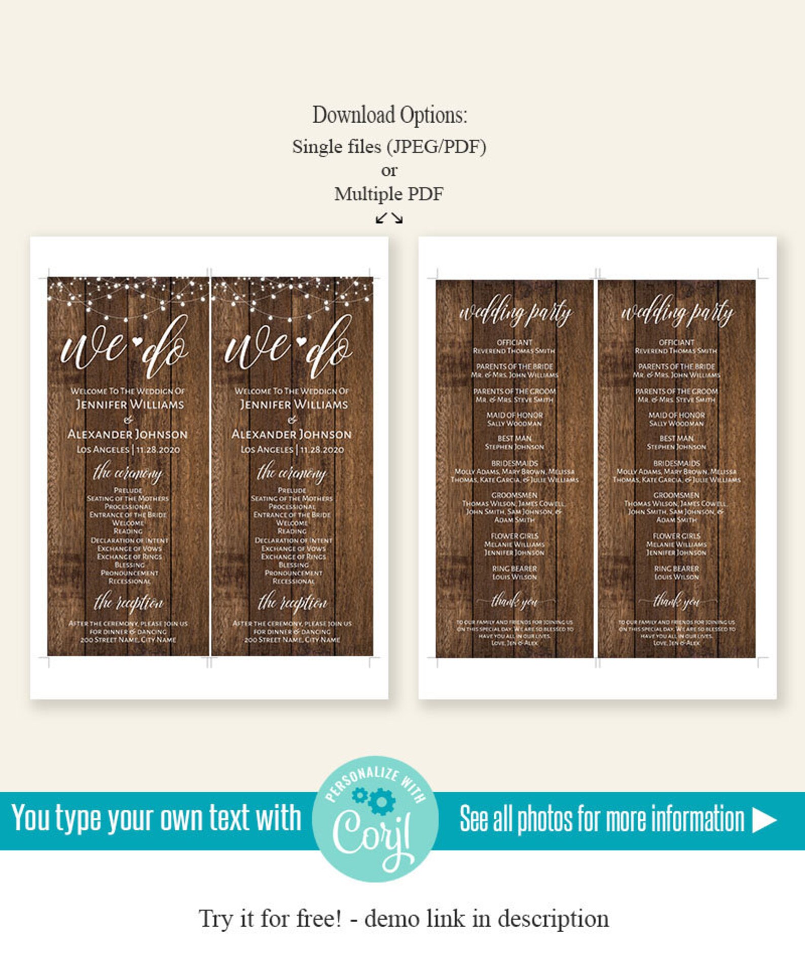 Rustic Wedding Program, Printable Editable Template, Instant Download ...