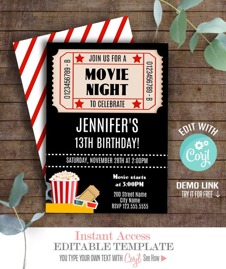 Movie Night Birthday Party Invitation Ticket Invite Editable - Etsy