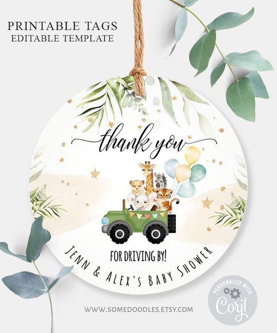 Editable Round Gift Tag Drive by Safari Baby Shower | Etsy
