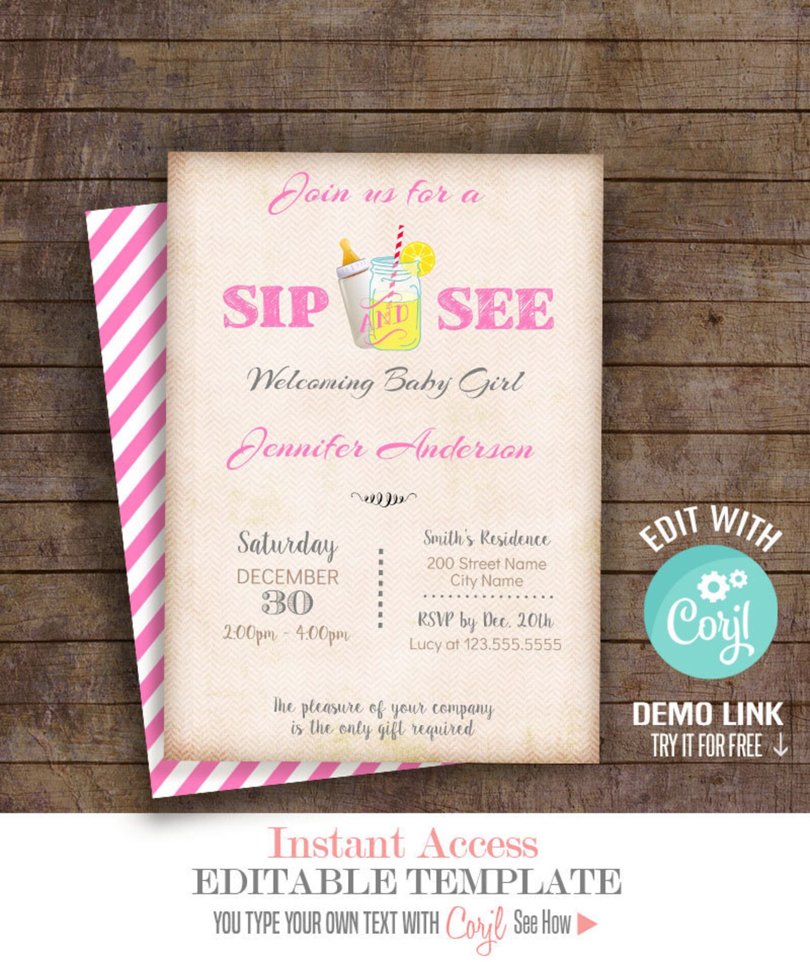 Sip and See Invitation Printable Pink Sip & See Editable - Etsy