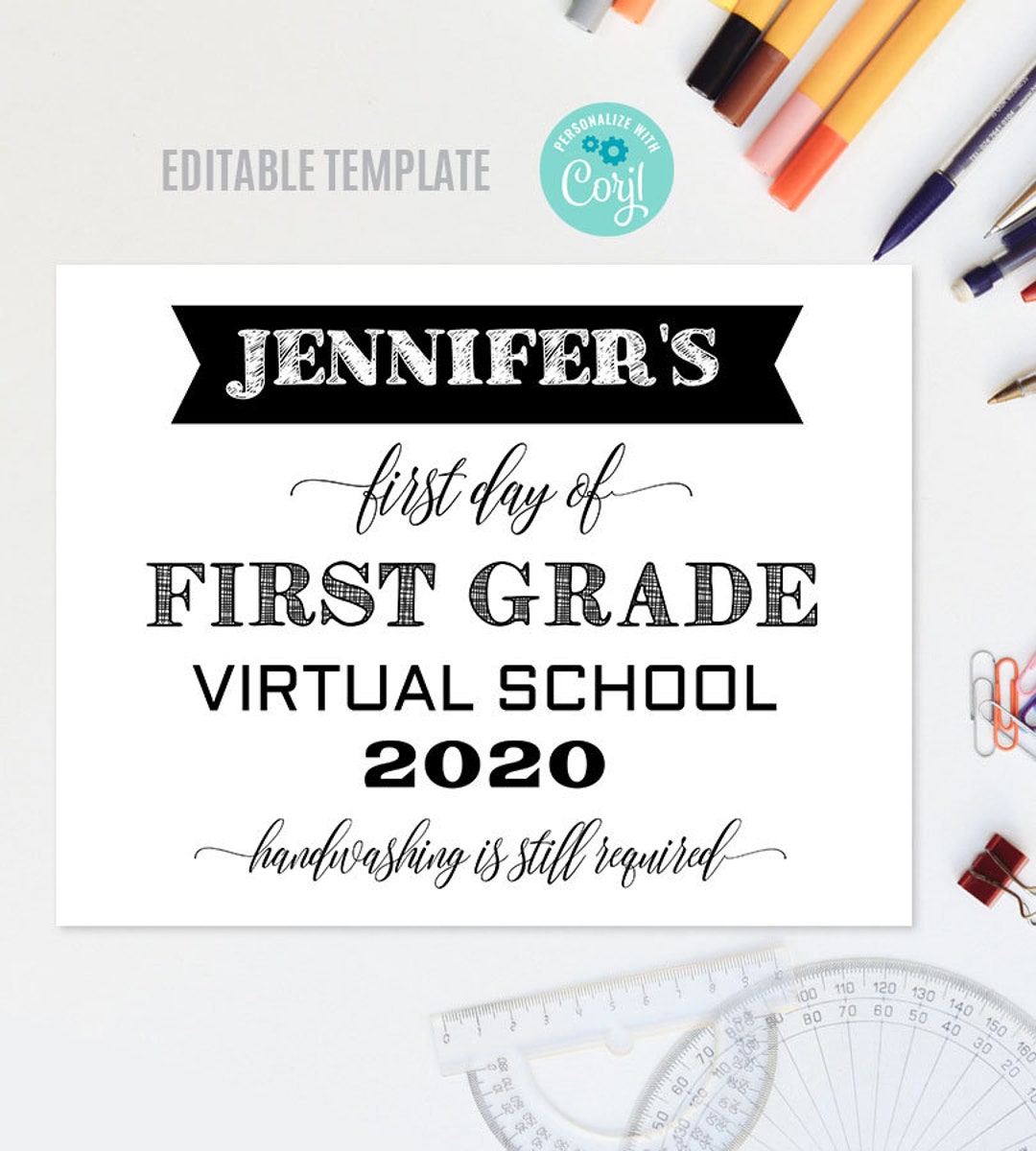 First Day of Virtual School Sign, Self-editable Template, Instant ...