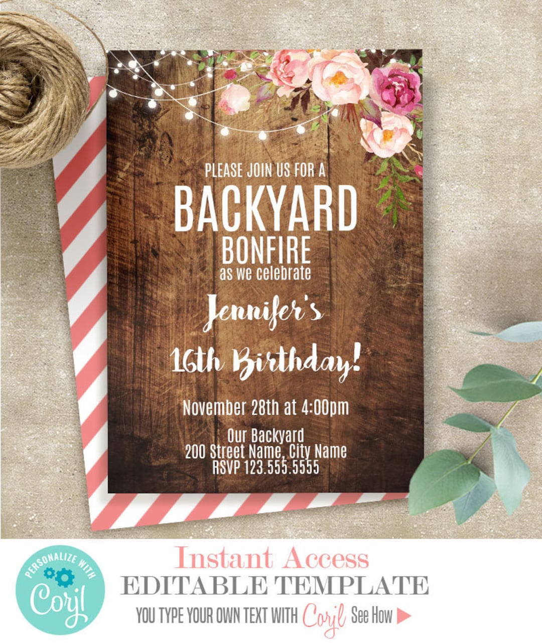 Backyard Invitation, Wood, Lights, Flowers, Rustic Invite, Printable ...
