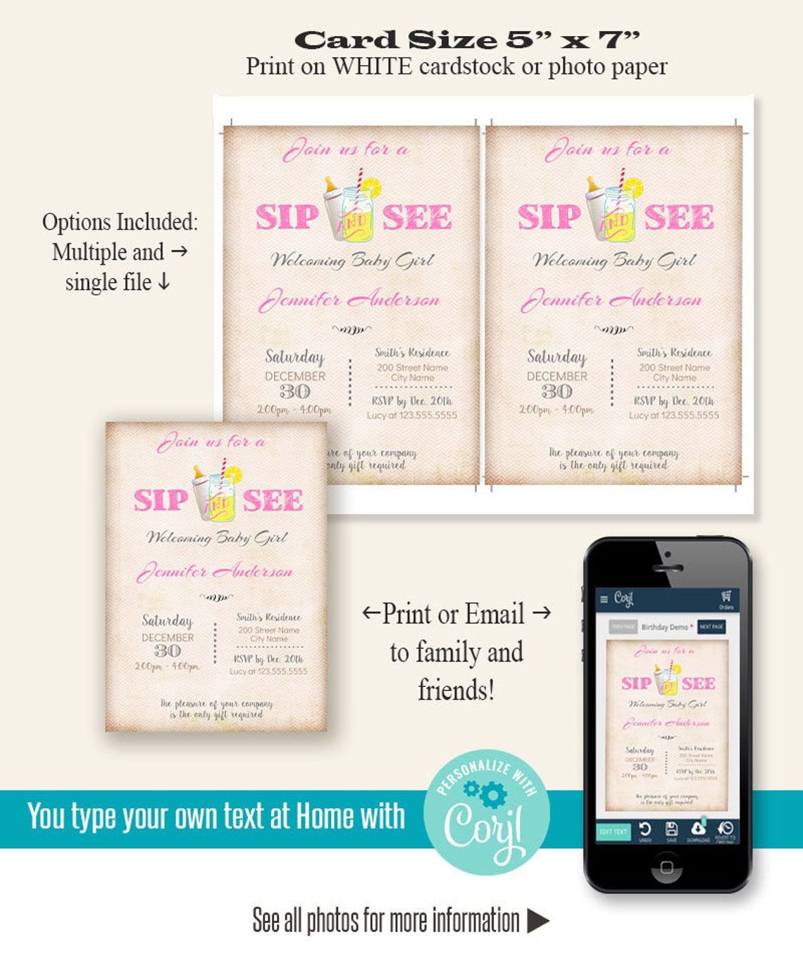 Sip and See Invitation Printable Pink Sip & See Editable - Etsy