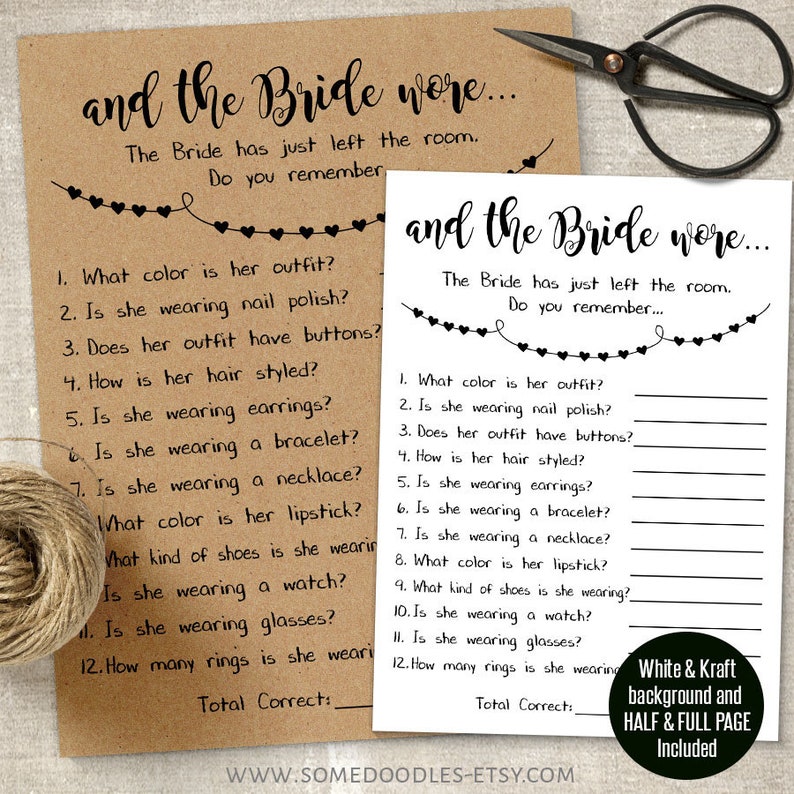 Bridal Shower Games, and the Bride Wore Game, Printable, Instant ...