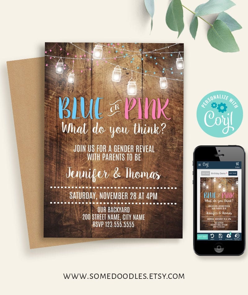 Rustic Gender Reveal invitation Blue or Pink rustic wood | Etsy