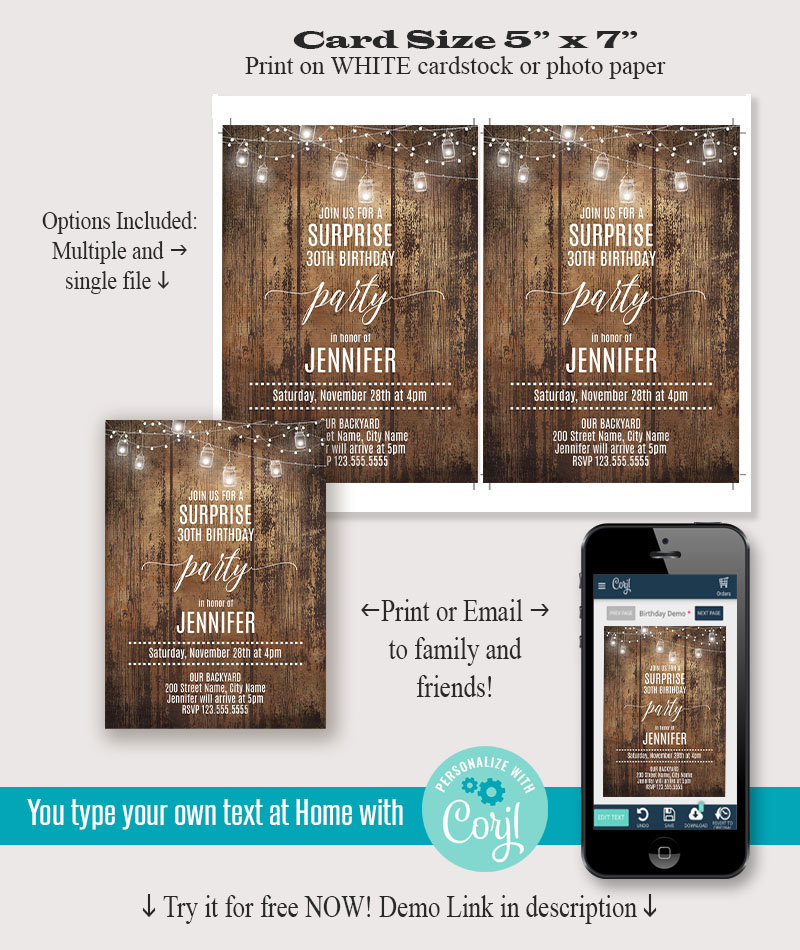 Birthday Party Invitation Printable Rustic Invite Instant | Etsy