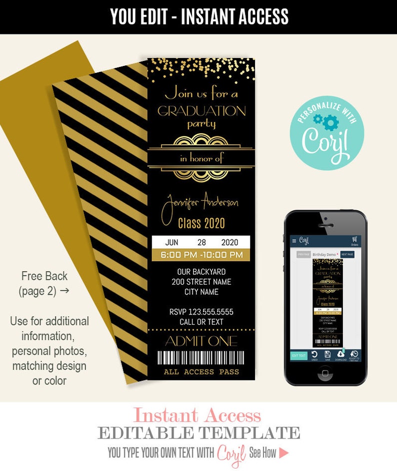 Graduation Ticket Invitation Self-editable Template Instant - Etsy