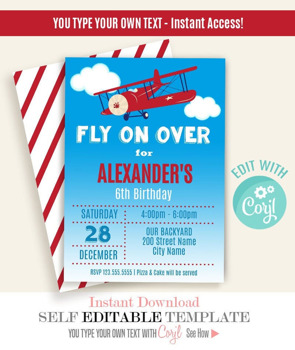Airplane Birthday Party Invitation Editable Template - Etsy